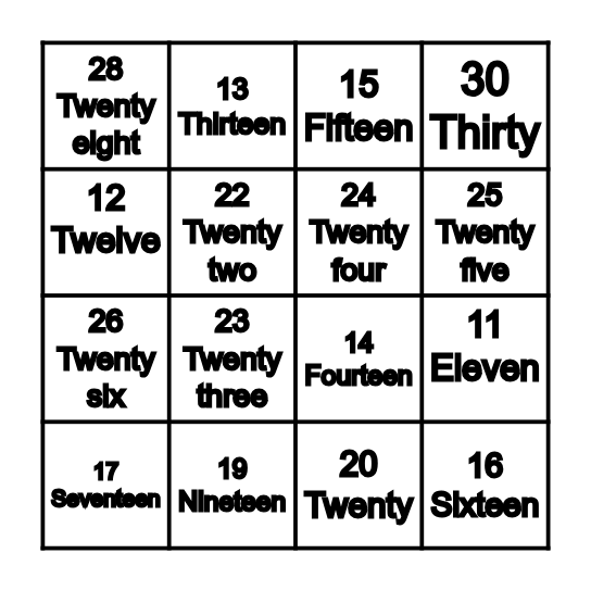 Numbers 11-30 Bingo Card
