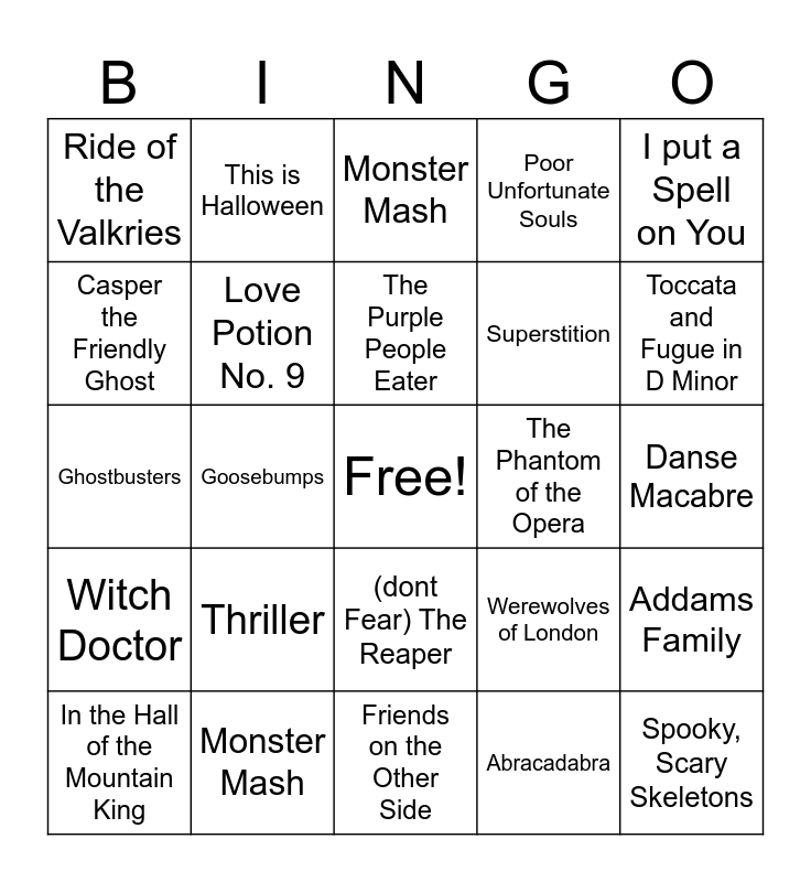 Halloween Music Bingo Card