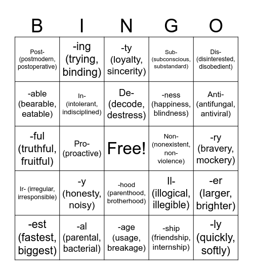 Prefix and Suffix Bingo Card