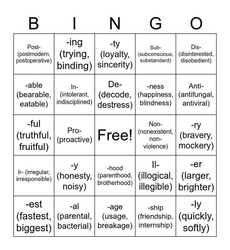 Prefix and Suffix Bingo Card