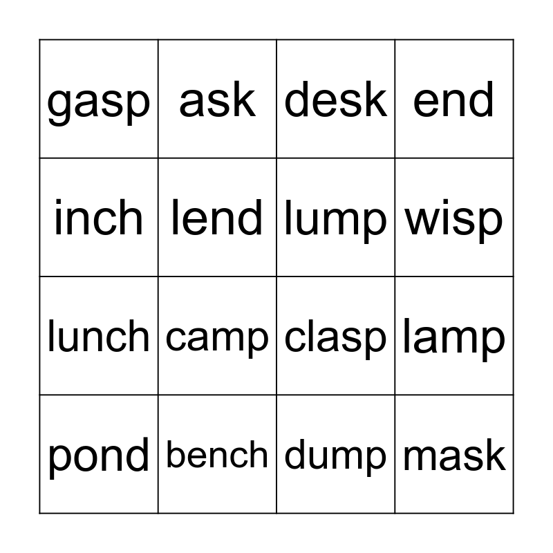 Misc Ending Blends Bingo Card