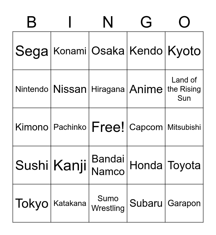 Japan Bingo Card