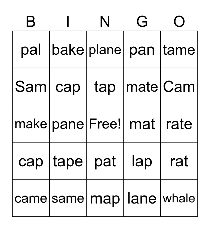 CVCe Long A Bingo Card