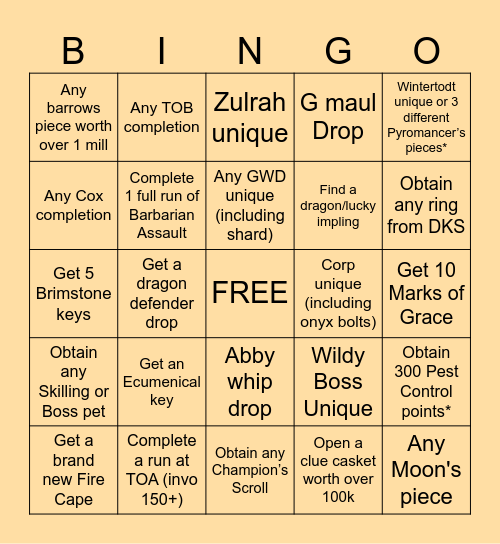 Old School RuneScape Bingo EZ Bingo Card