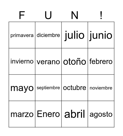 Bingo con los Meses del Año y las Estaciones Bingo Card