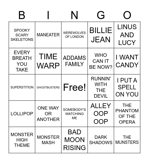 Halloween Music Bingo Card
