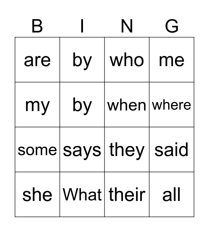 Tricky Word Bingo Card