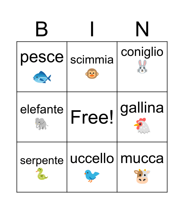 Gli animali Bingo Card