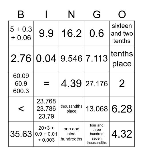 Decimals Bingo Card