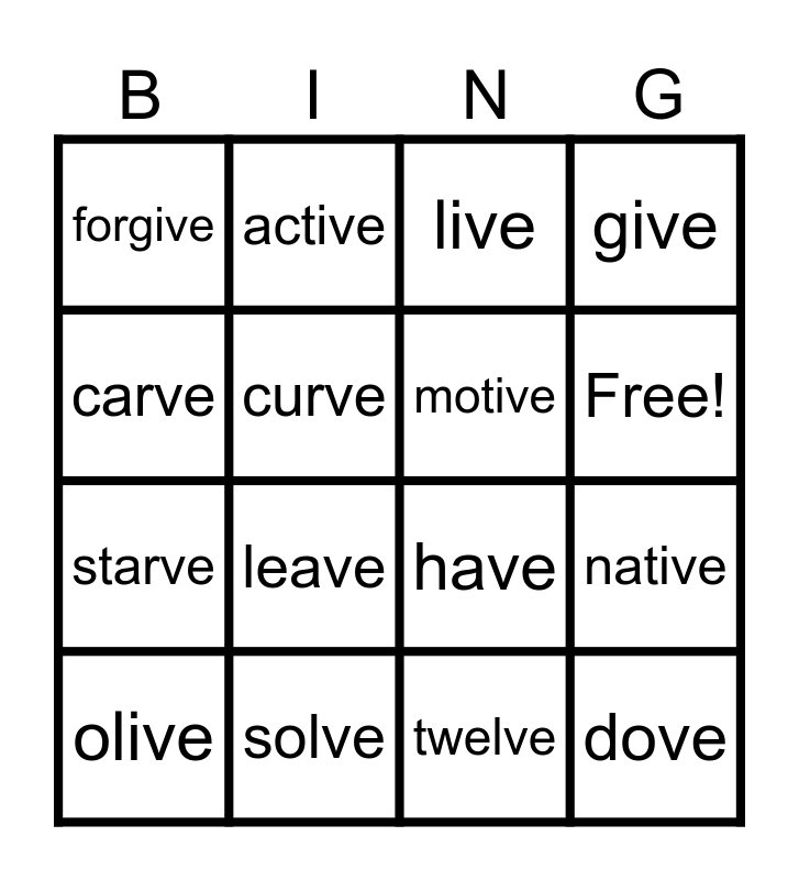 Open and Closed Syllables Bingo Card
