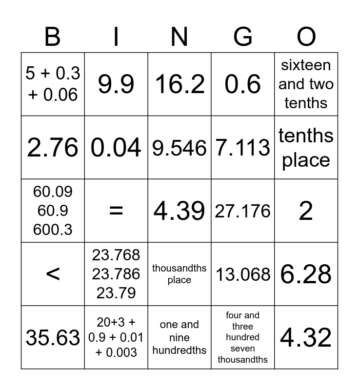 Decimals Bingo Card