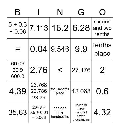 Decimals Bingo Card