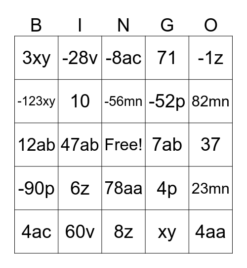 Like Terms Bingo Card