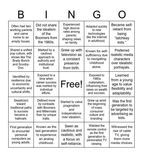 Gen X Part 1 Bingo Card