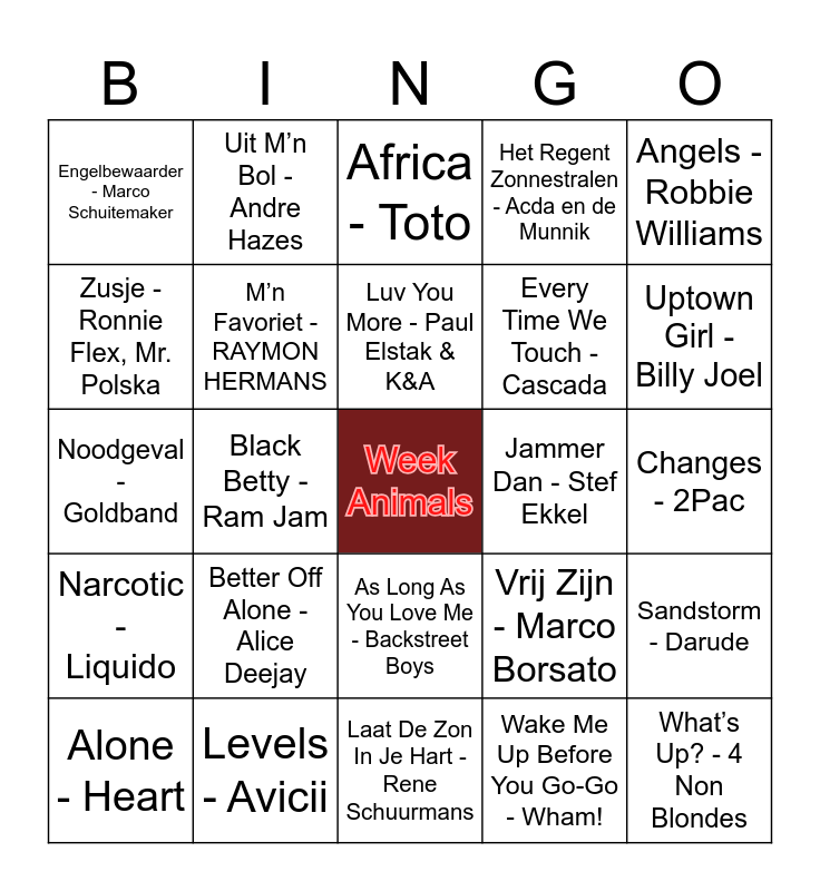 WEEKDIEREN MUZIEKBINGO Card