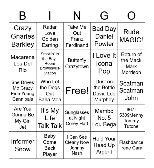 One Hit Wonders Bingo Card