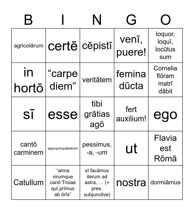 Latin with Miss Sarah Bingo Card