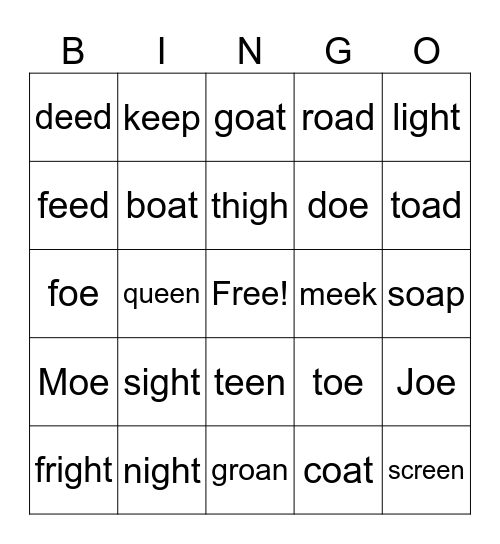 Vowel Team Bingo- oa, igh, oe, and ee Bingo Card