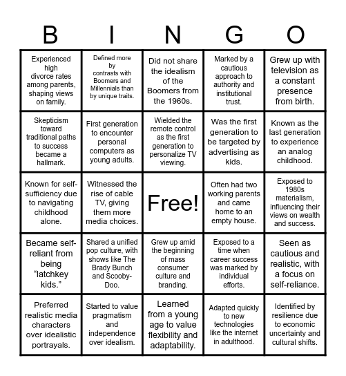 Gen X Part 1 Bingo Card