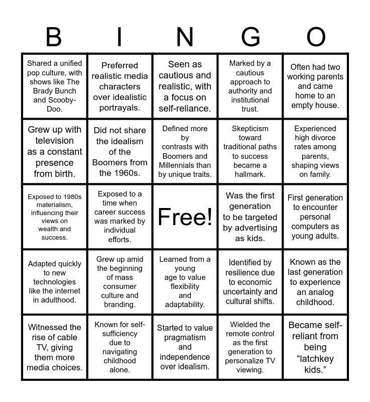 Gen X Part 1 Bingo Card