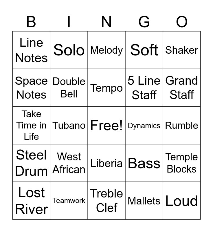 6th Grade Music Class Bingo Card