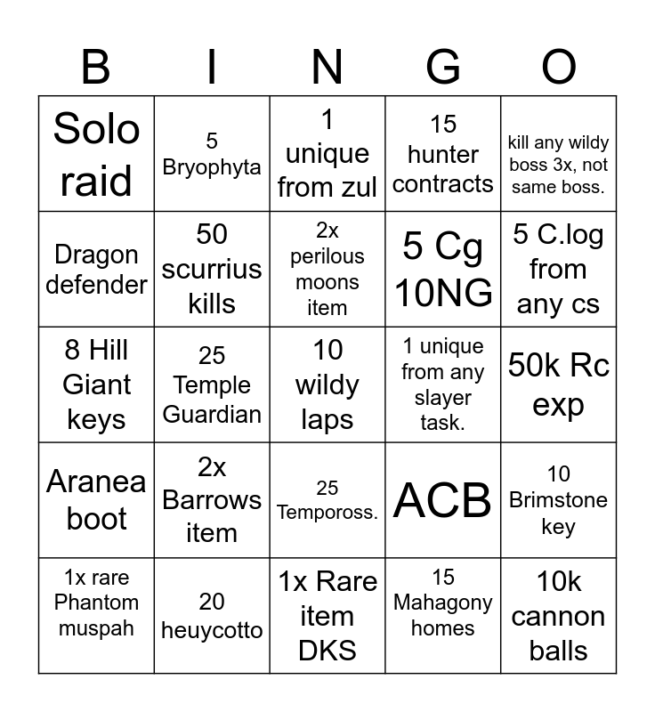 OSRS BINGO shoung Bingo Card