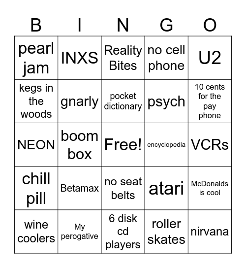 Gen X Bingo Card