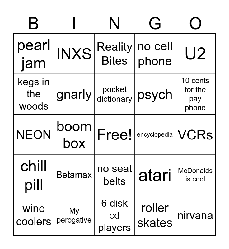 Gen X Bingo Card