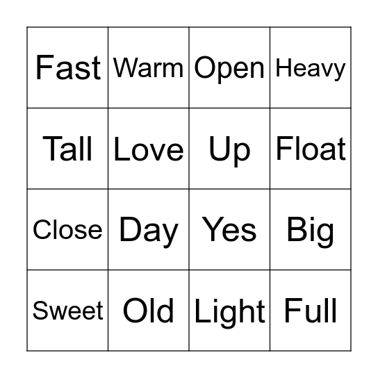 Opposites Bingo Card