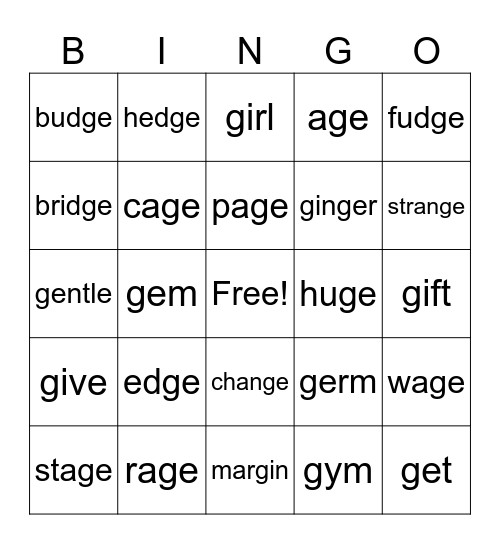 soft G Bingo Card