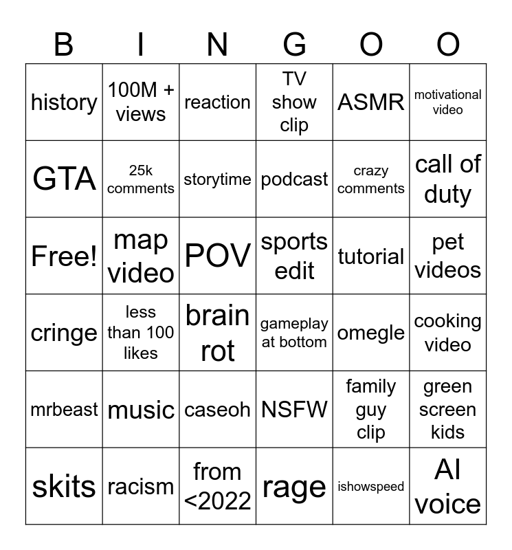 YT shorts bingo card Bingo Card
