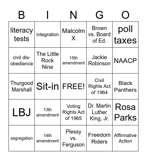 Civil Rights Bingo Card