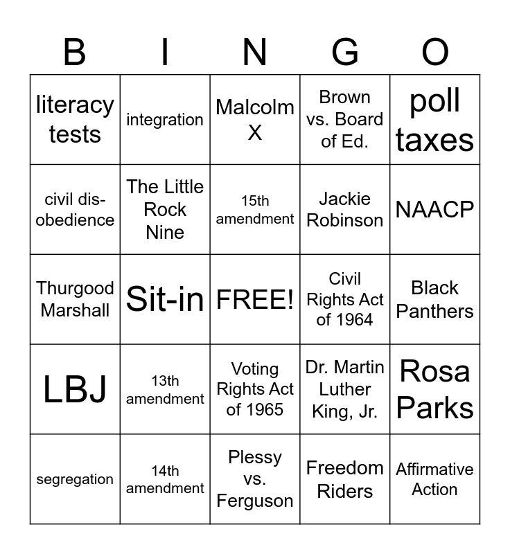 Civil Rights Bingo Card
