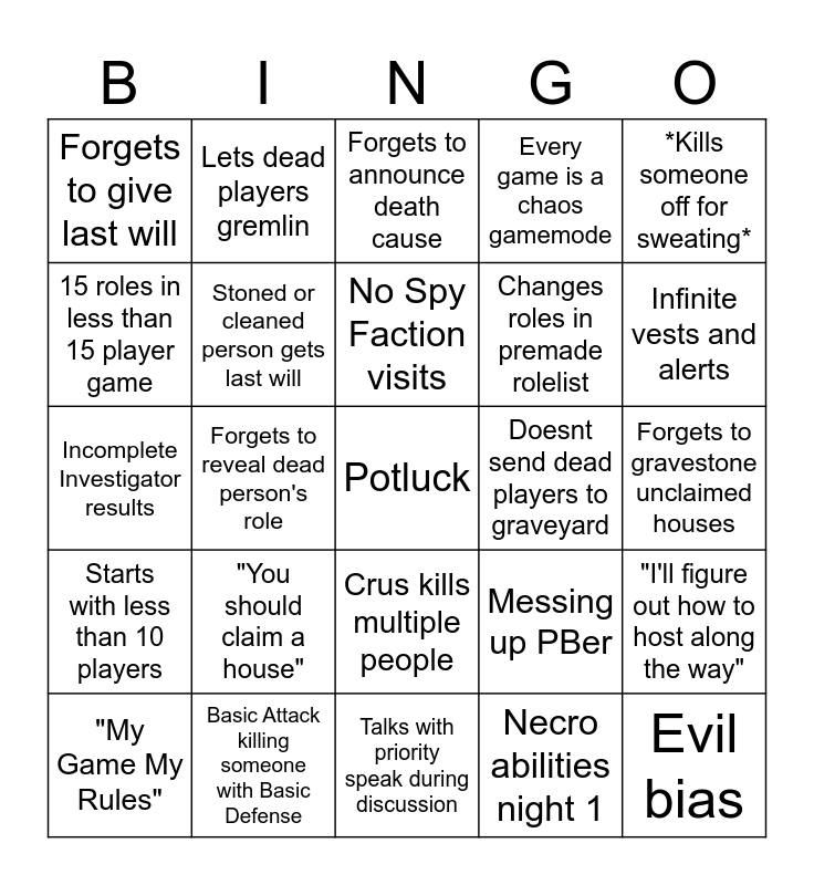 Bad Host Bingo Card