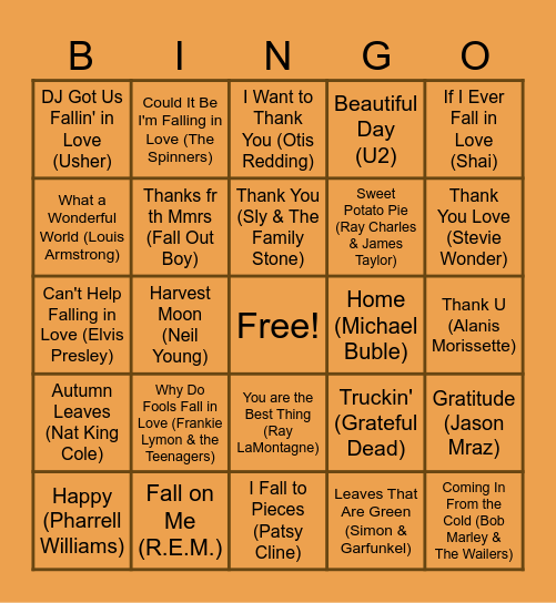 Fall Music Bingo Card