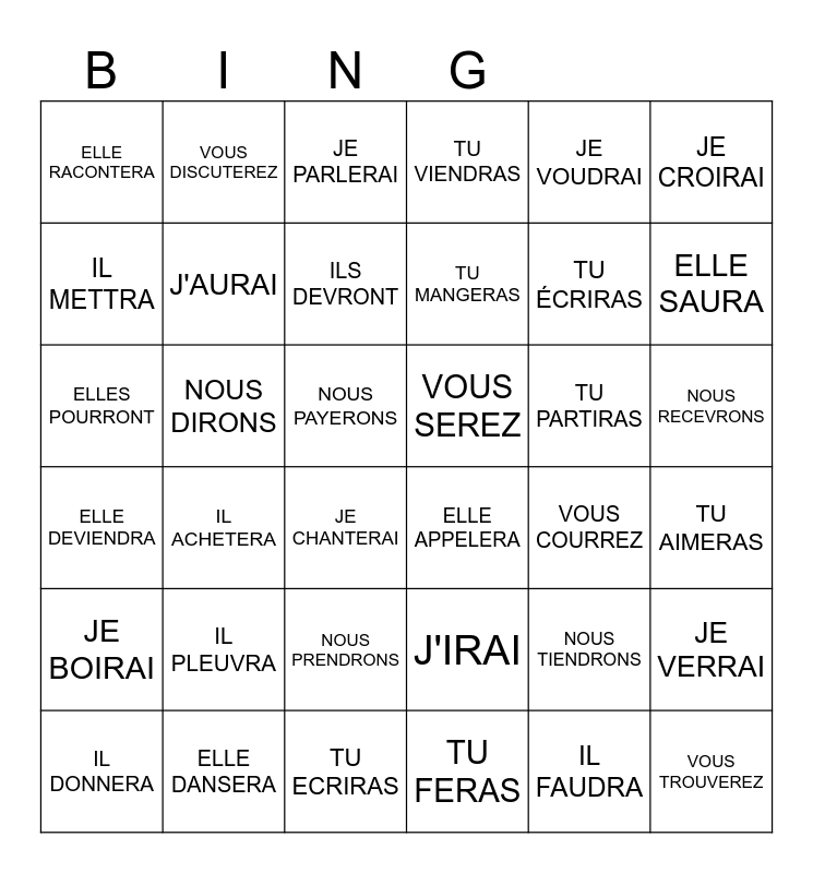 Le Bingo du Futur Simple ! Bingo Card