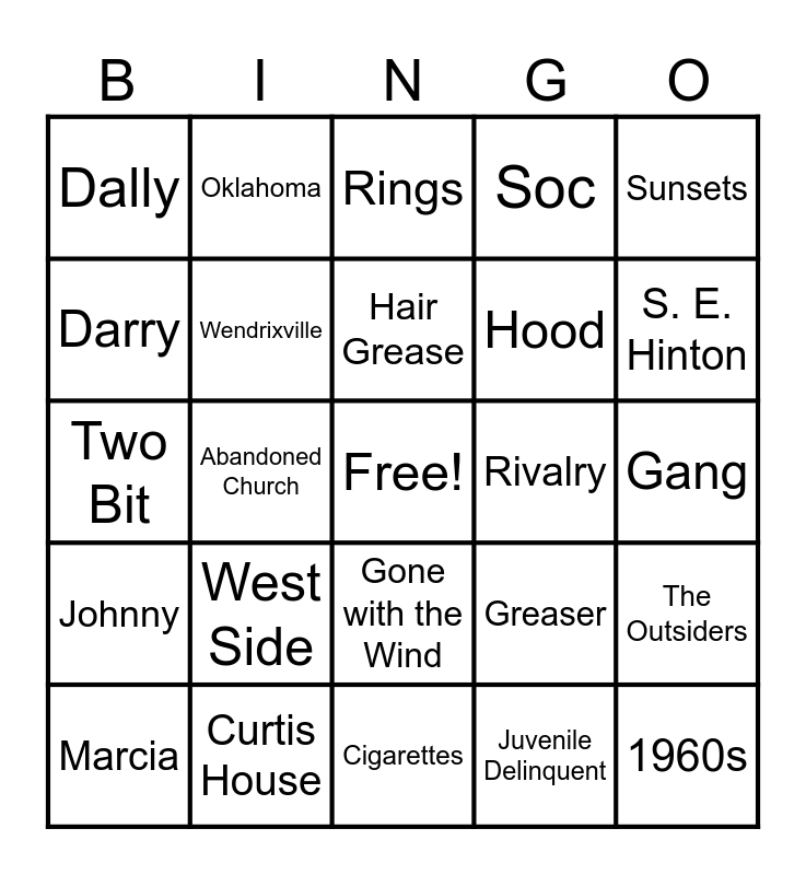 The Outsiders Bingo Card
