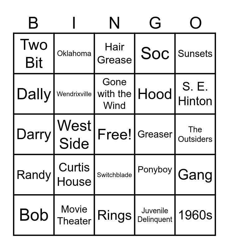 The Outsiders Bingo Card