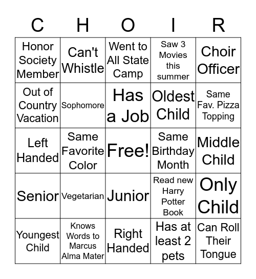 Choir Bing-Hello Bingo Card