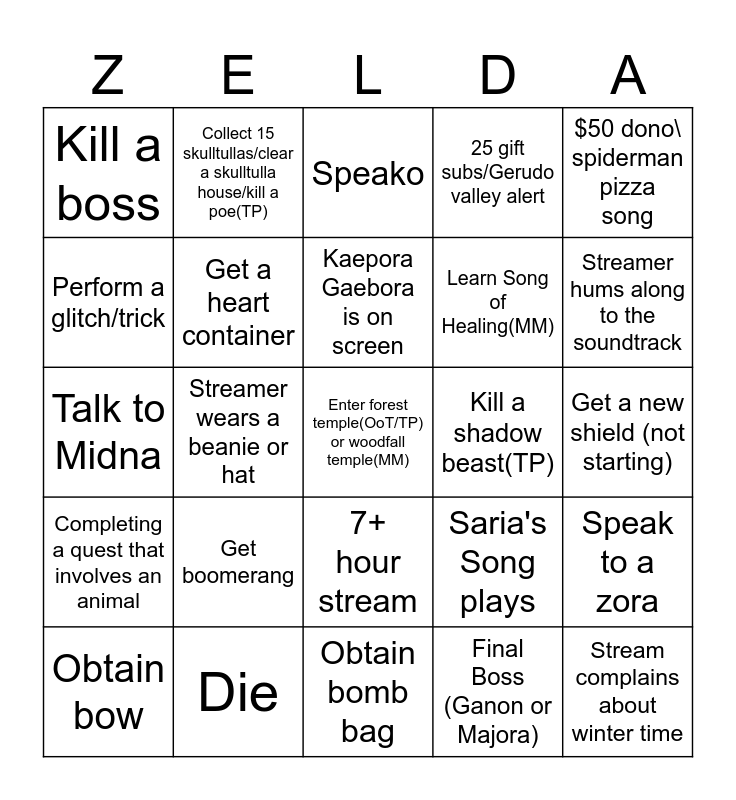 Zelda bingo Card
