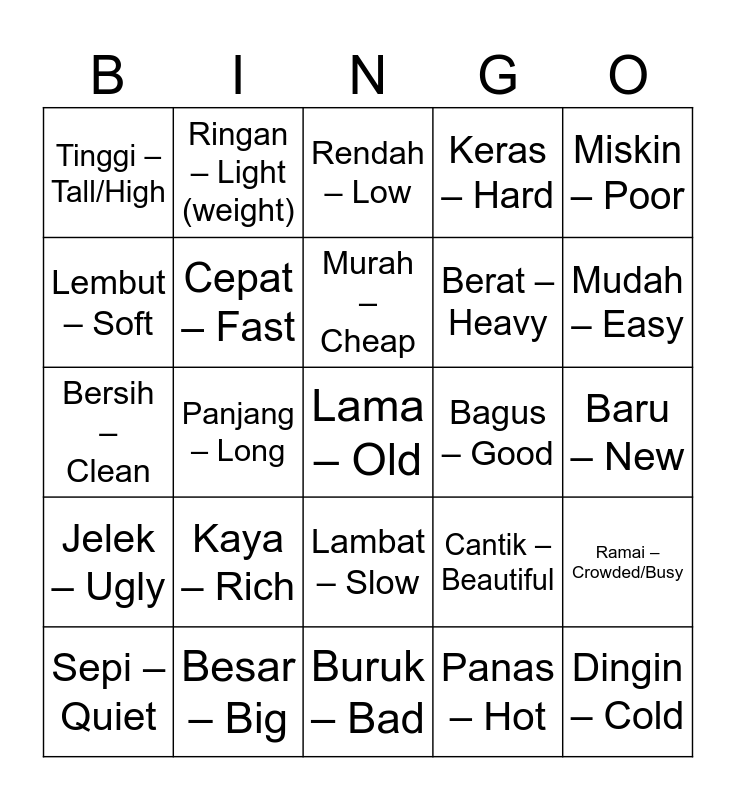 Indonesian Adjectives Bingo Card
