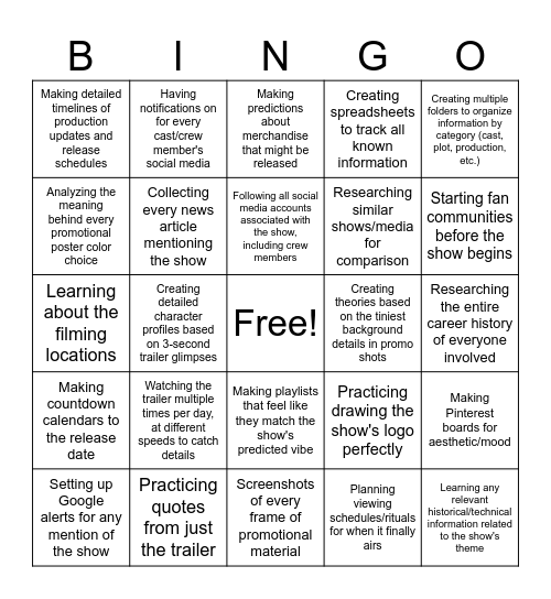 pre air tv show special interest Bingo Card