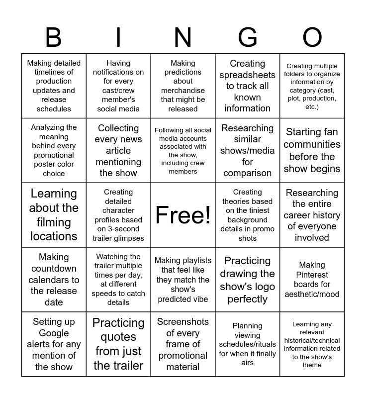 pre air tv show special interest Bingo Card