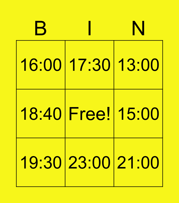 24 Hour Clock Bingo! Bingo Card