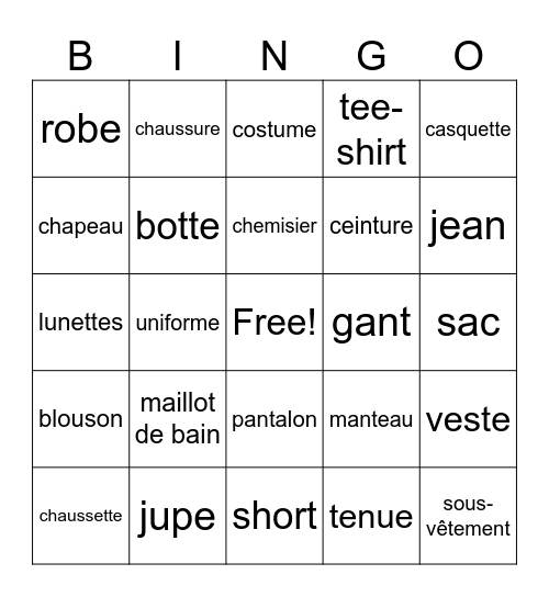 Les Vêtements et Les Couleurs Bingo Card