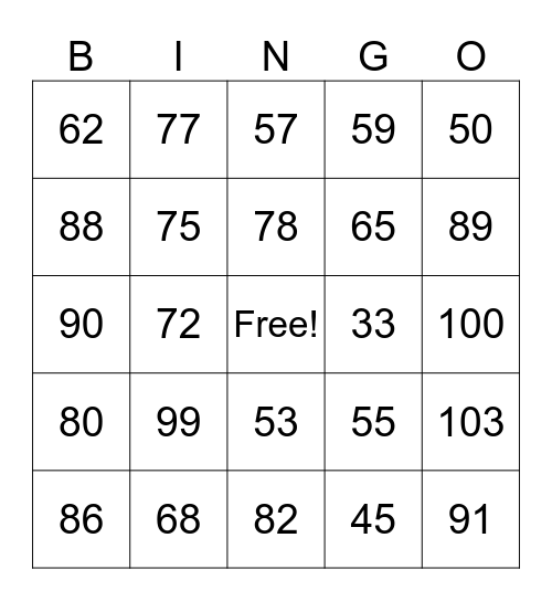 Large Bingo Numbers Bingo Card