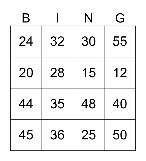4s & 5s Multiplication Bingo Card