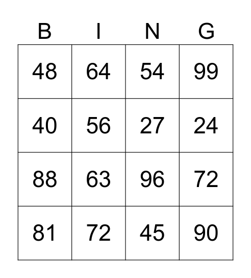 8s & 9s Multiplication Bingo Card