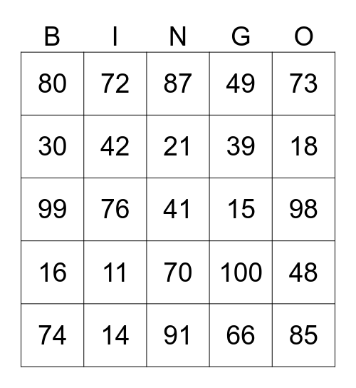 Les nombres de 0 à 100 Bingo Card