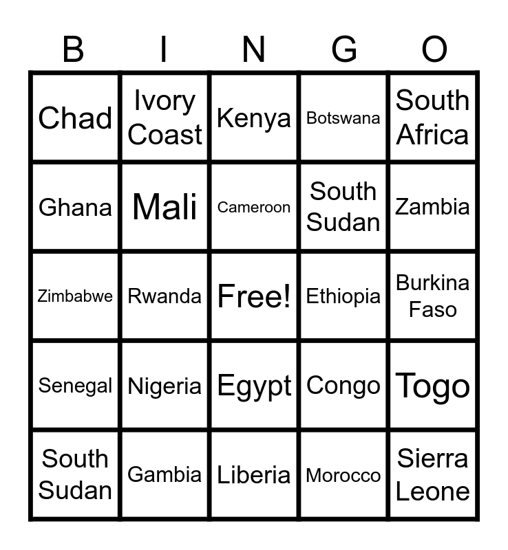 African Bingo Card